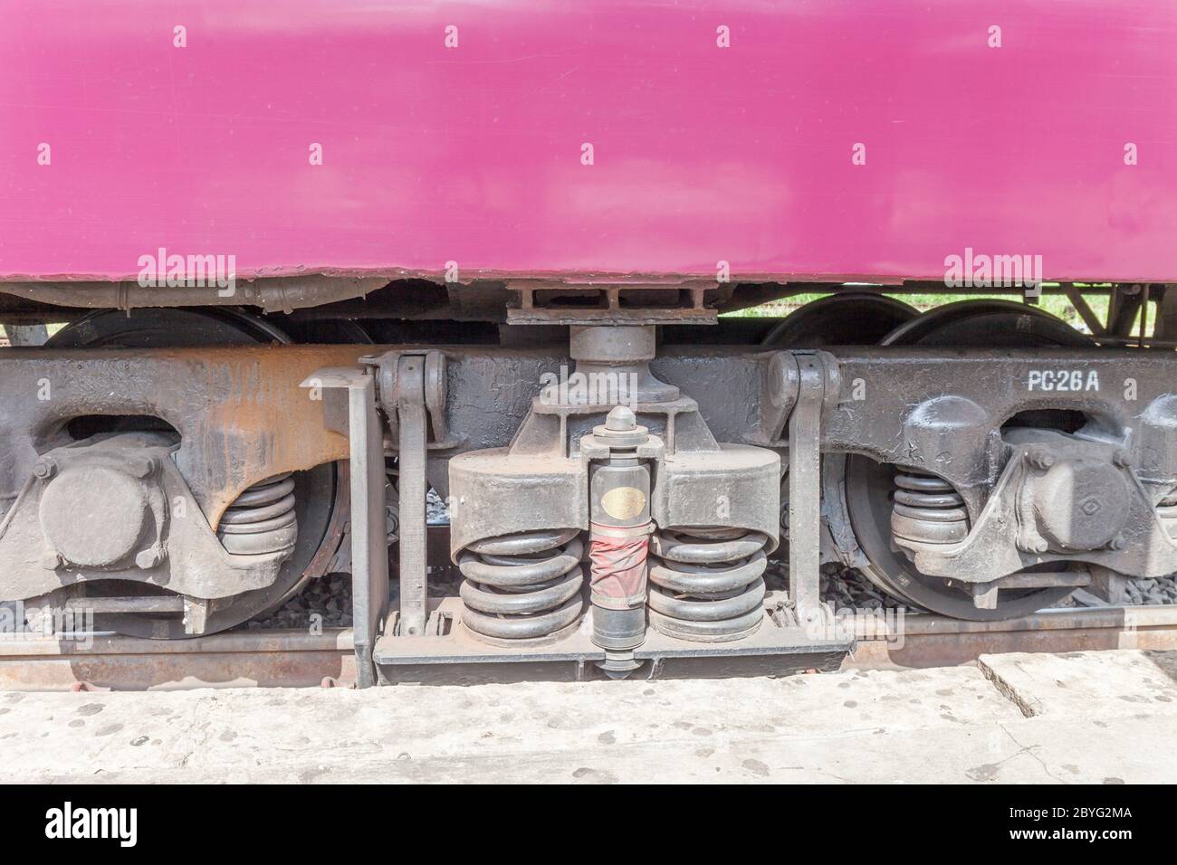 closeup wheel break and suspension system of diesel train Stock Photo ...
