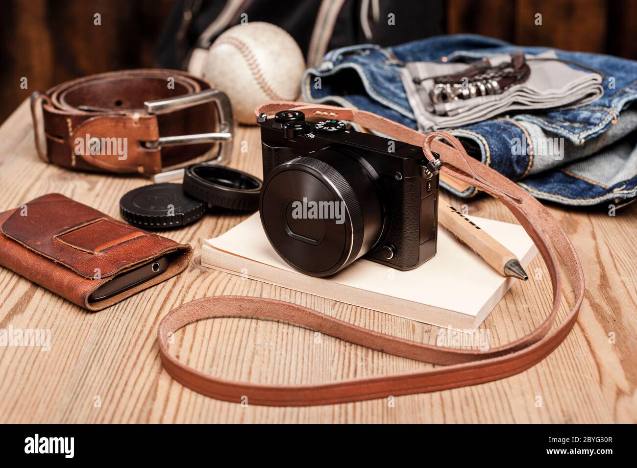 closeup vintage style of digital mirrorless camera with leather strap ...