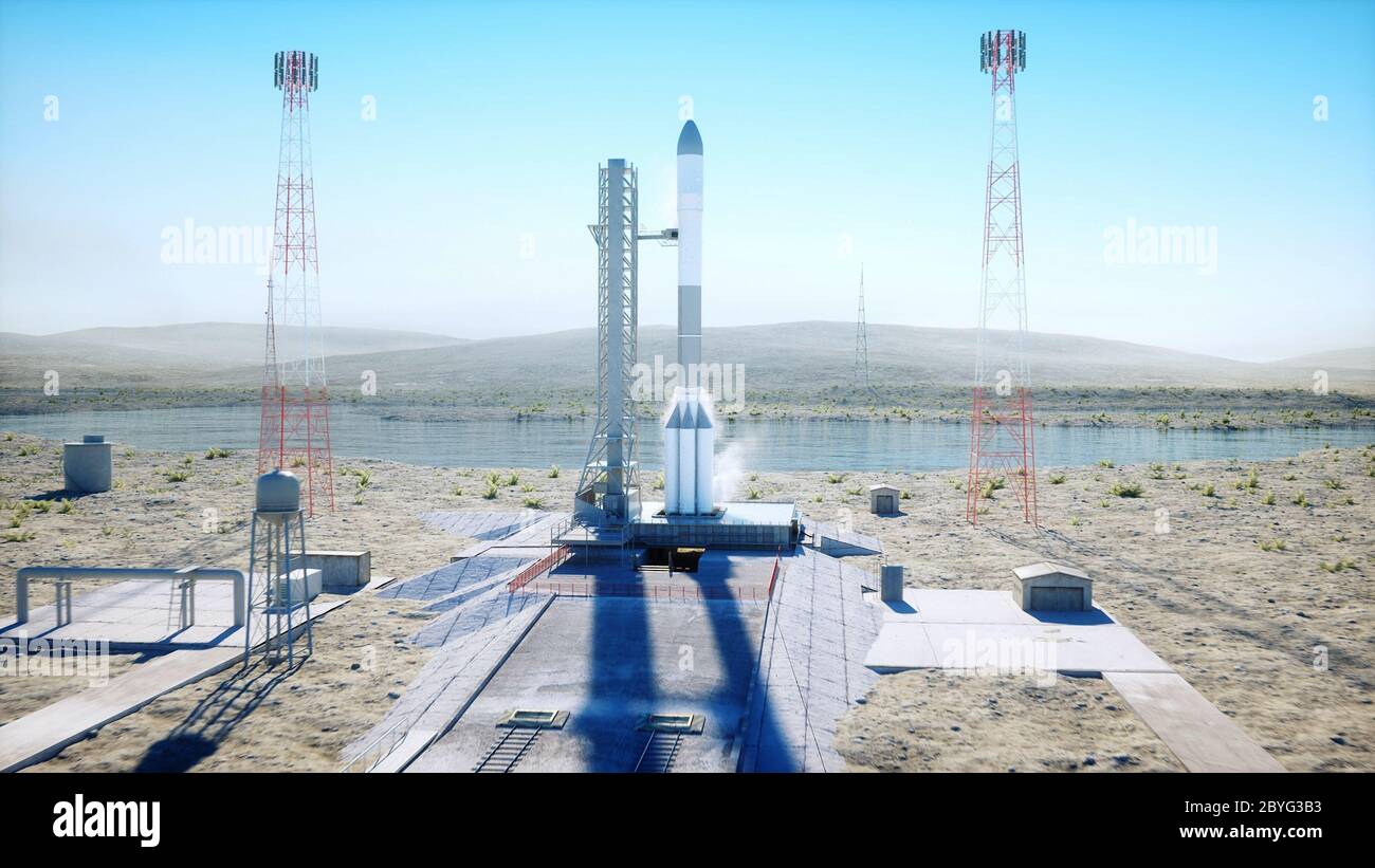 Rocket before the start. Space launch system. 3d rendering Stock Photo ...