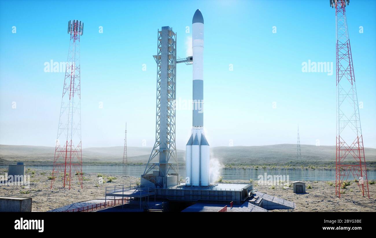 Rocket before the start. Space launch system. 3d rendering Stock Photo ...