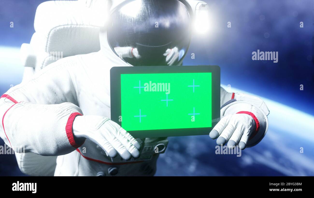 Astronaut in space with tablet, monitor. 3d rendering Stock Photo - Alamy