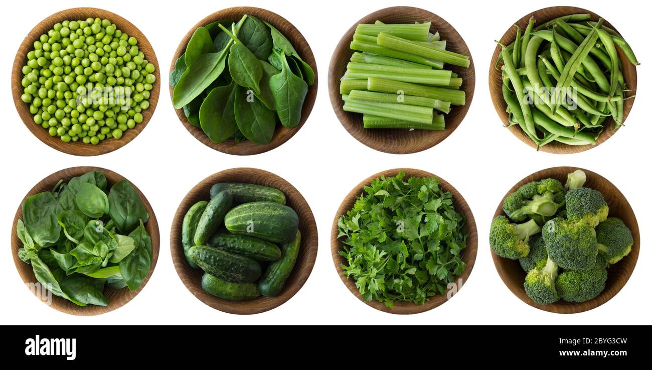 Green vegetables isolated on a white background. Broccoli, green peas ...