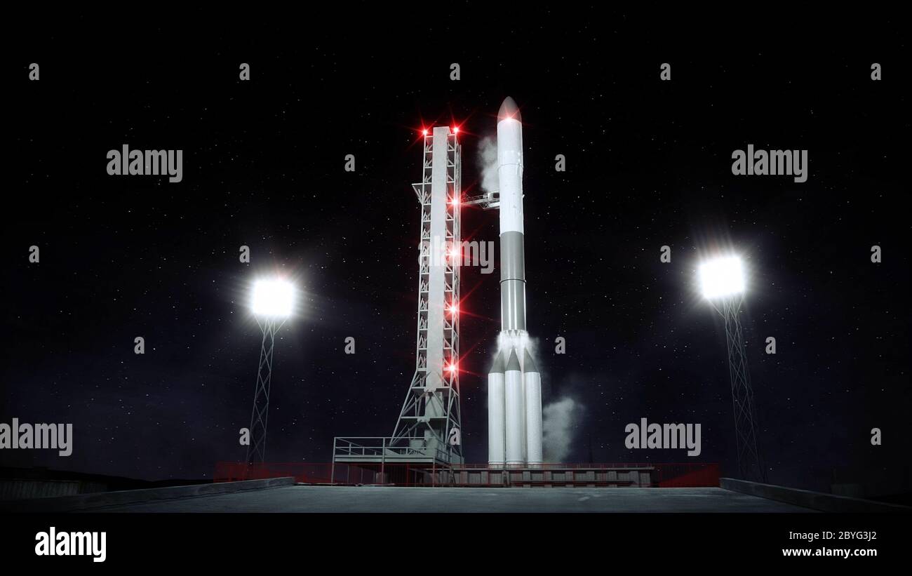 Rocket before the start. Space launch system. 3d rendering Stock Photo ...