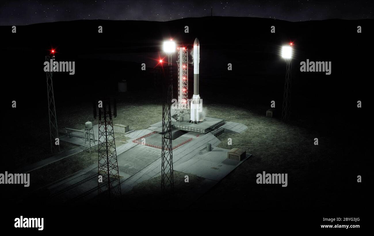 Rocket before the start. Space launch system. 3d rendering Stock Photo ...