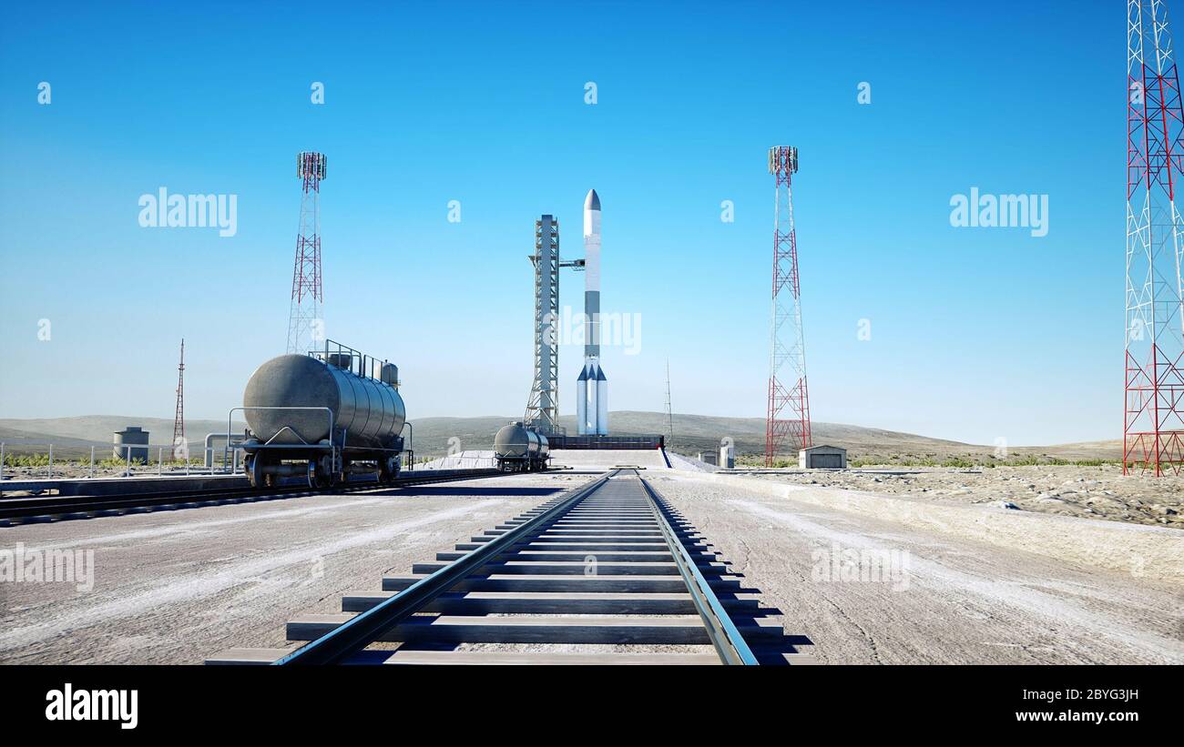 Rocket before the start. Space launch system. 3d rendering Stock Photo ...
