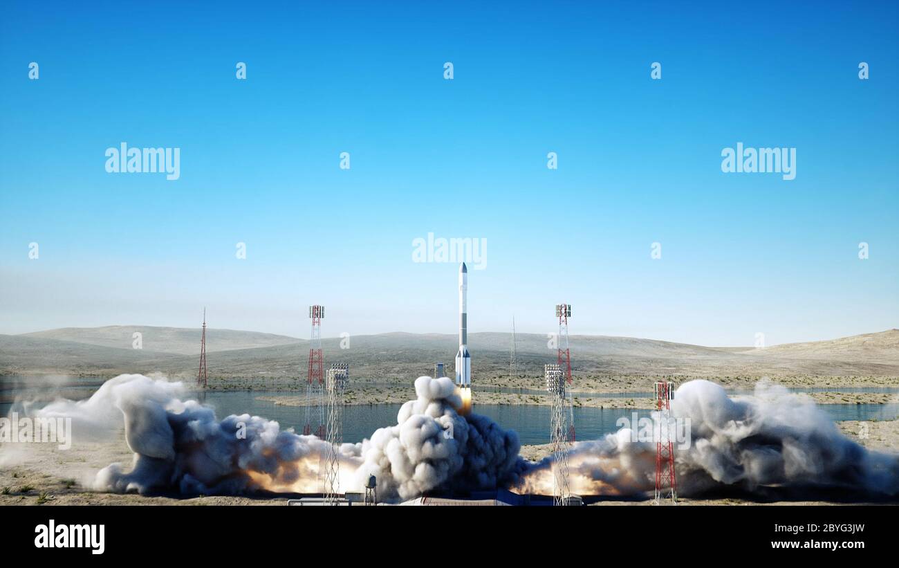 Rocket launch animation. Daylight. Space launch system. 3d rendering ...