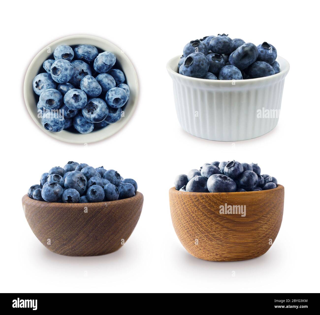 Set of blueberries in the bowls isolated on white. Ripe blueberry with ...