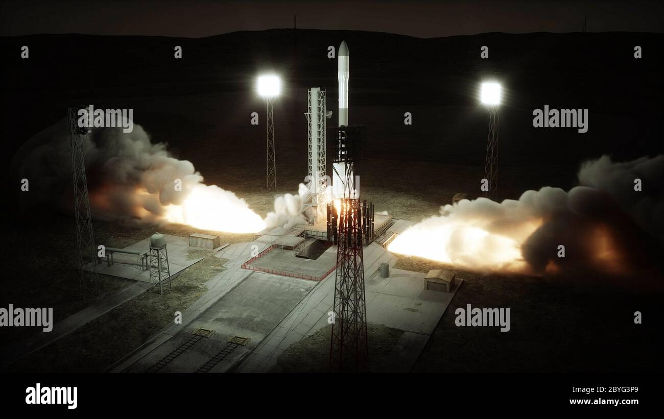 Rocket launch animation. Daylight. Space launch system. 3d rendering ...