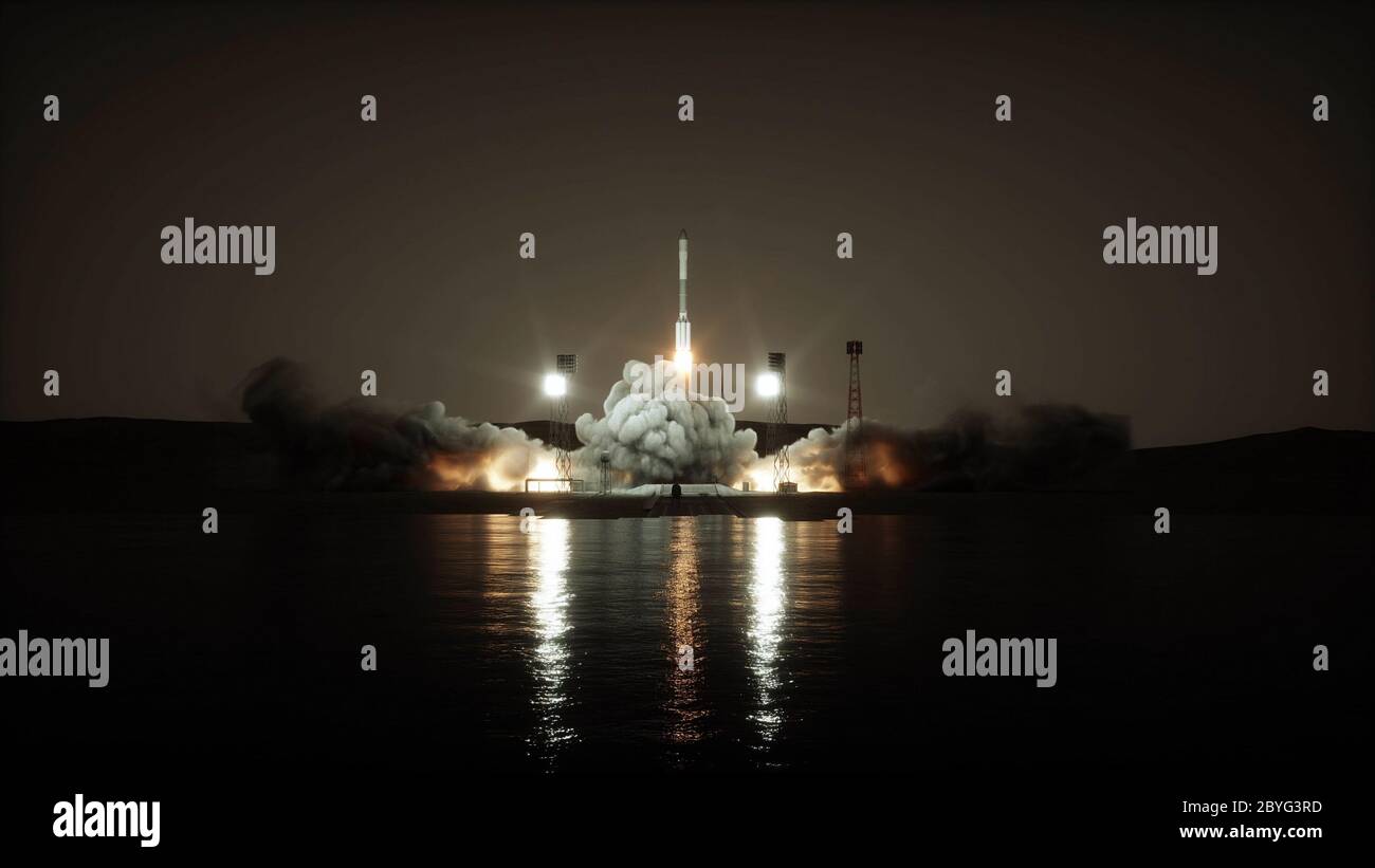 Rocket launch animation. Daylight. Space launch system. 3d rendering ...