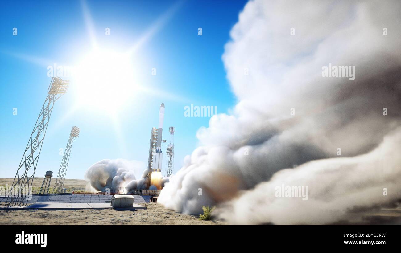 Rocket launch animation. Daylight. Space launch system. 3d rendering ...