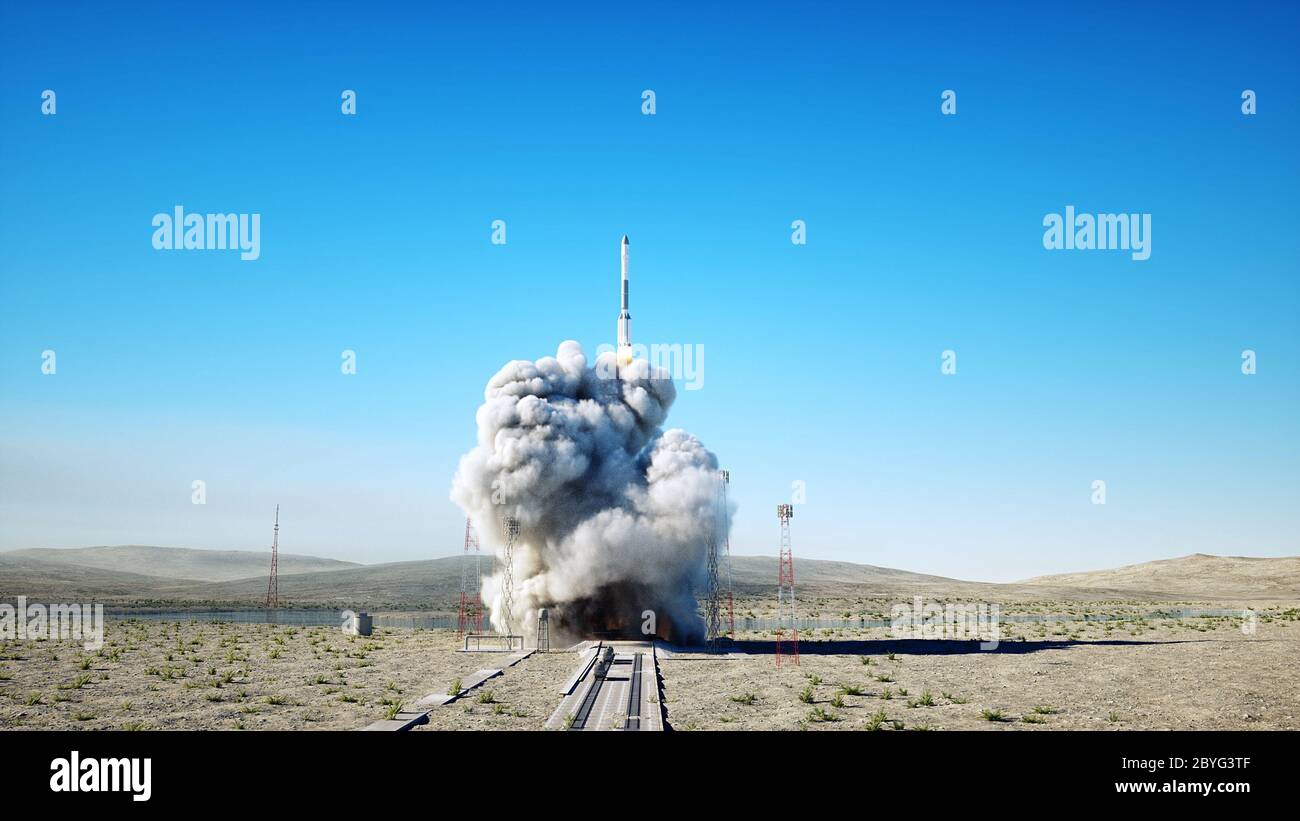 Rocket launch animation. Daylight. Space launch system. 3d rendering ...