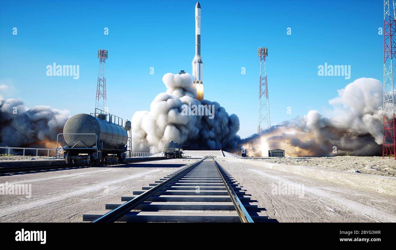 Rocket launch animation. Daylight. Space launch system. 3d rendering ...