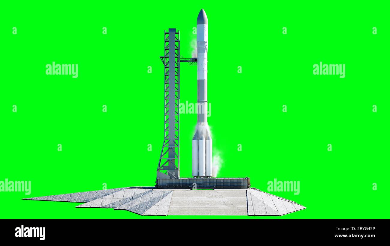 Rocket before the start . Space launch system. Isolate green screen. 3d ...