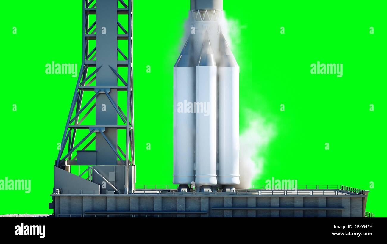 Rocket before the start . Space launch system. Isolate green screen. 3d ...