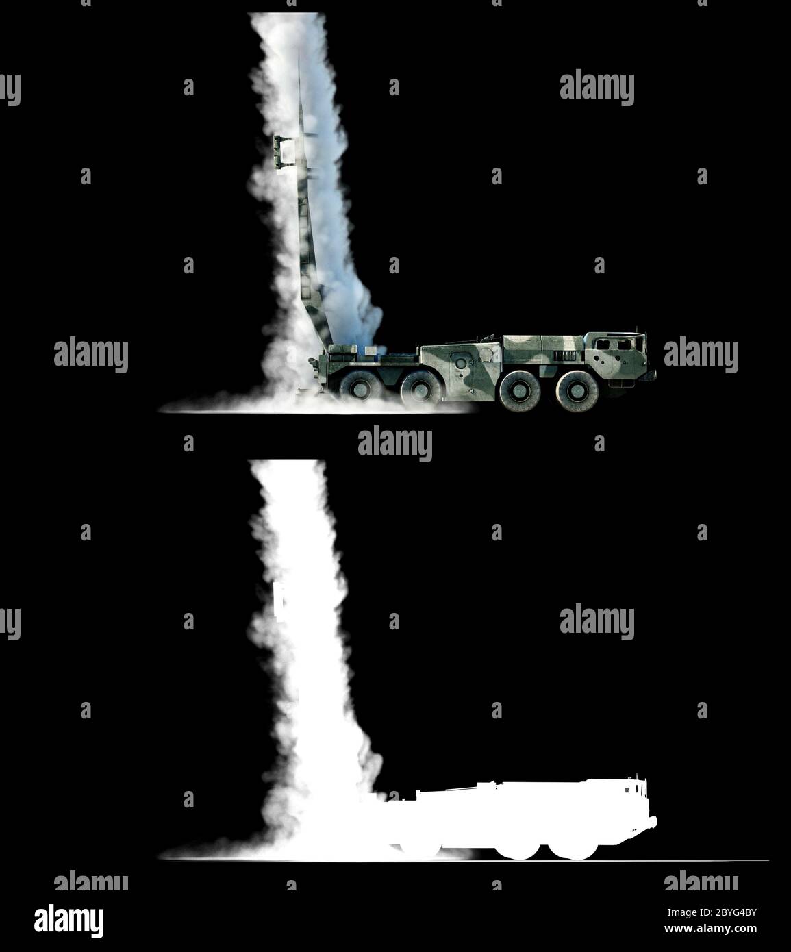 Nuclear ballistic rocket, complex. Launch rocket, dust. Isolate. 3d ...