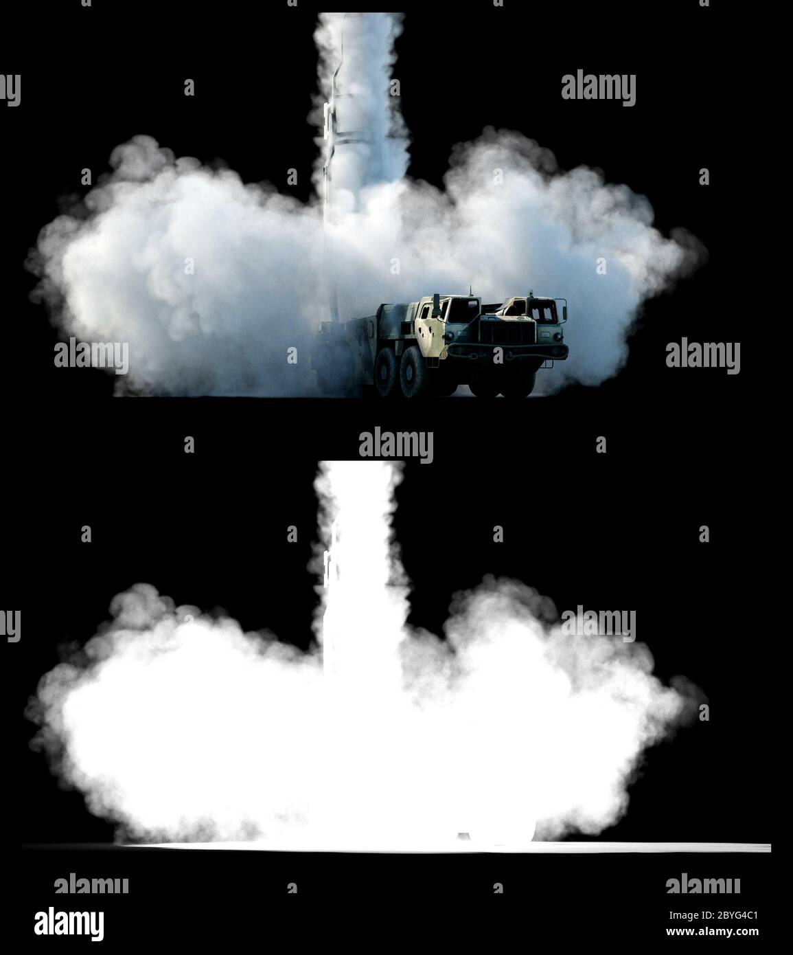 Nuclear ballistic rocket, complex. Launch rocket, dust. Isolate. 3d ...