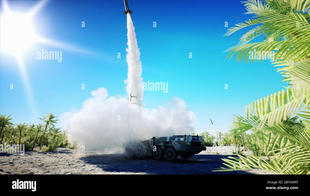 Nuclear ballistic rocket, complex. Launch rocket, dust. 3d rendering ...