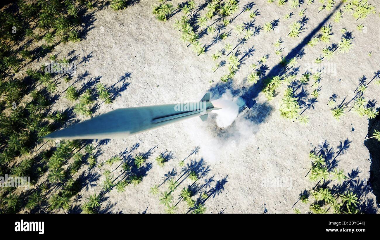 Nuclear ballistic rocket, complex. Launch rocket, dust. 3d rendering ...