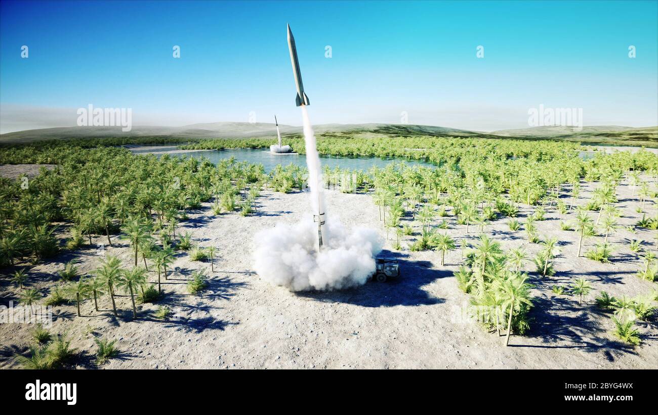 Nuclear ballistic rocket, complex. Launch rocket, dust. 3d rendering ...