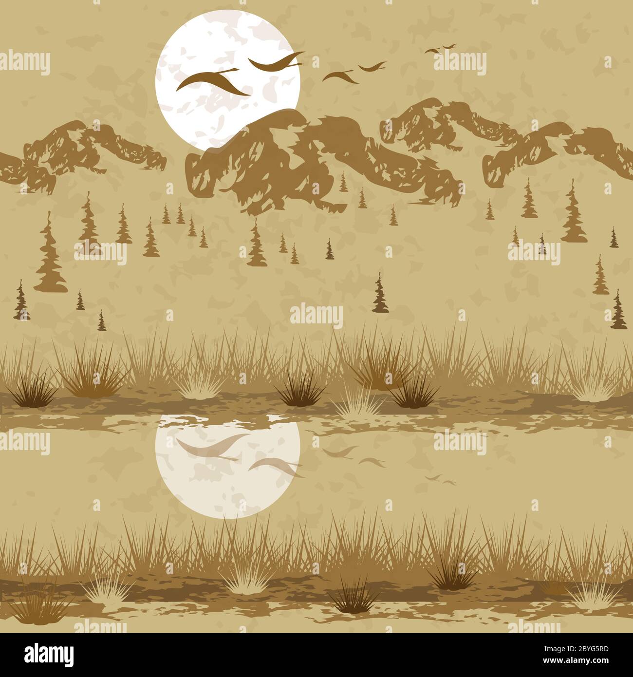 Landscape of Canada with mountains, forest and river, sunset. Birds are ...