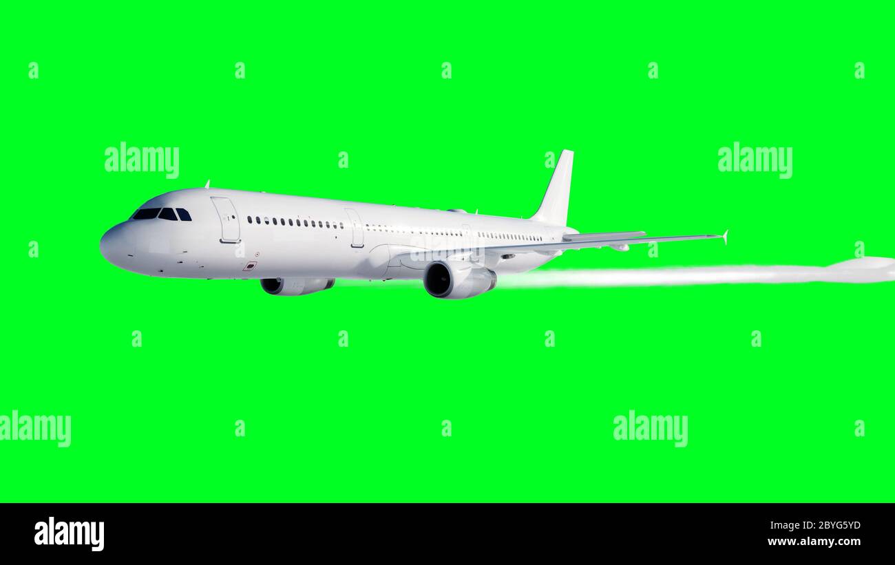 Passenger flying Plane . Isolate green screen. . A condensation trail ...