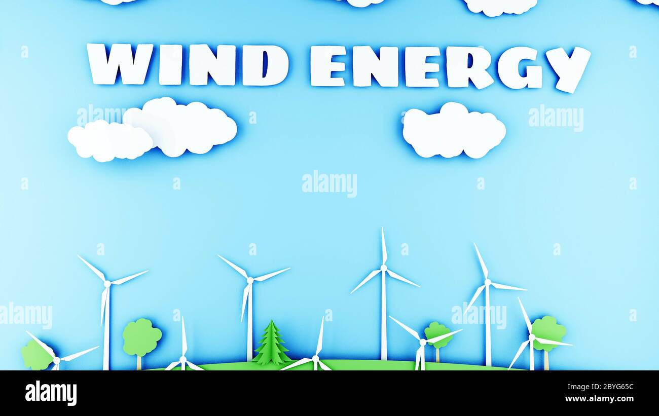 Paper cartoon landscape with wind power turbines. Ecological concept ...