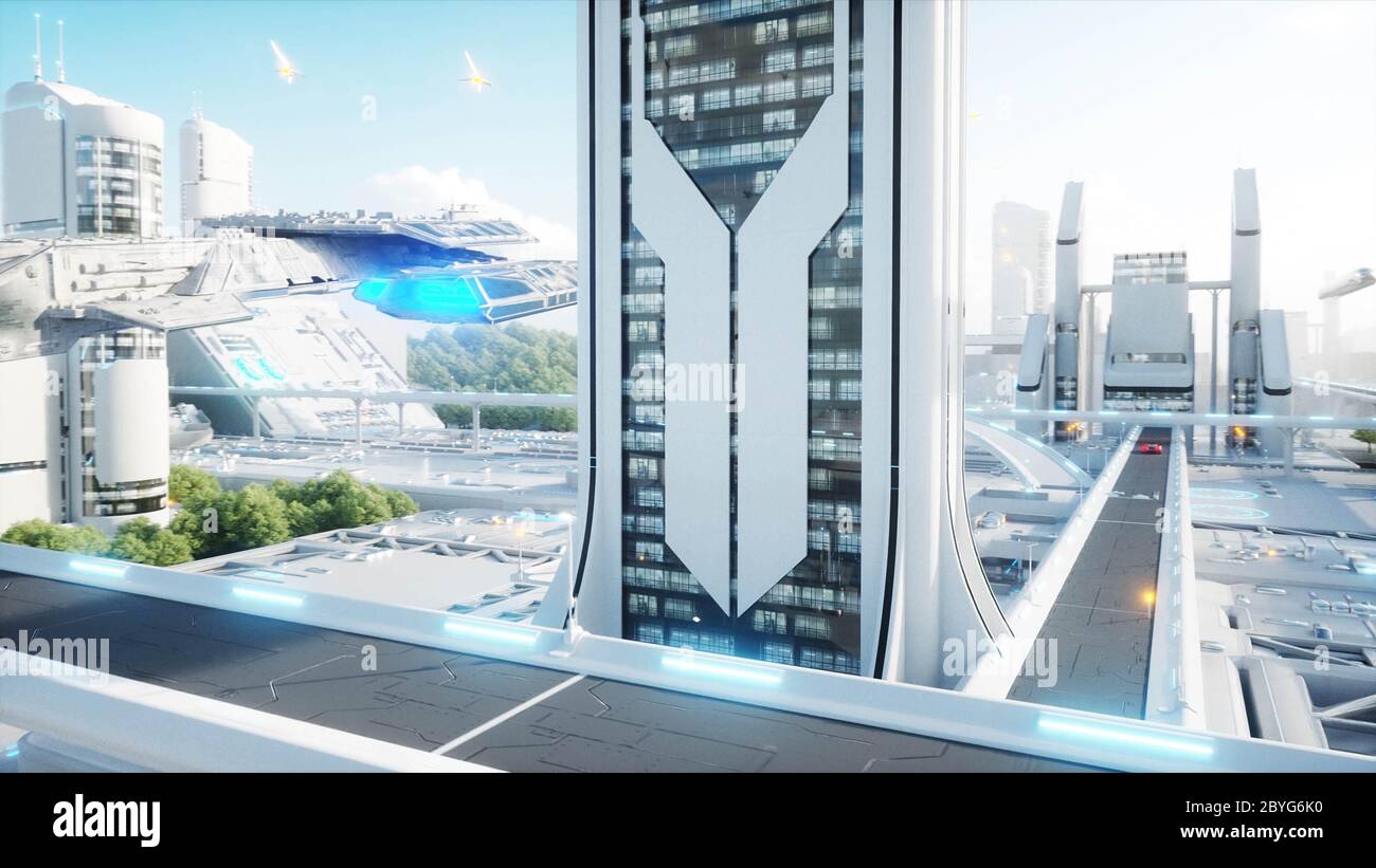 Futuristic city, town. The concept of the future. Aerial view. 3d ...