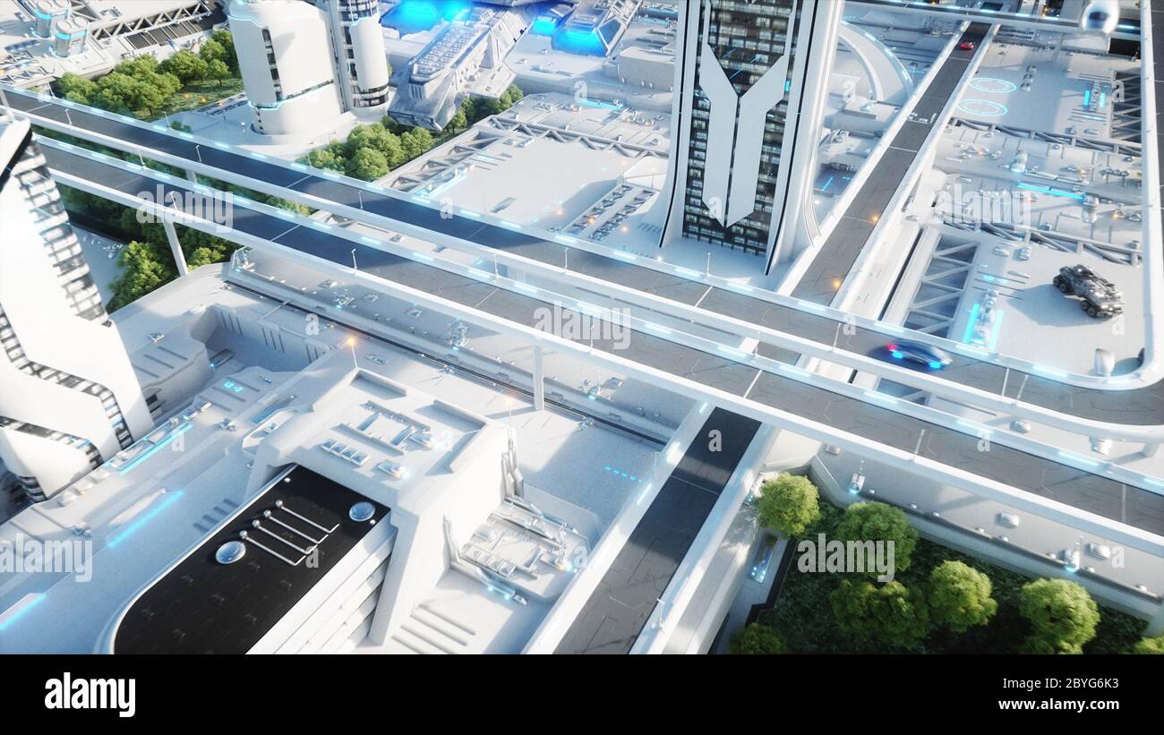 Futuristic city, town. The concept of the future. Aerial view. 3d ...