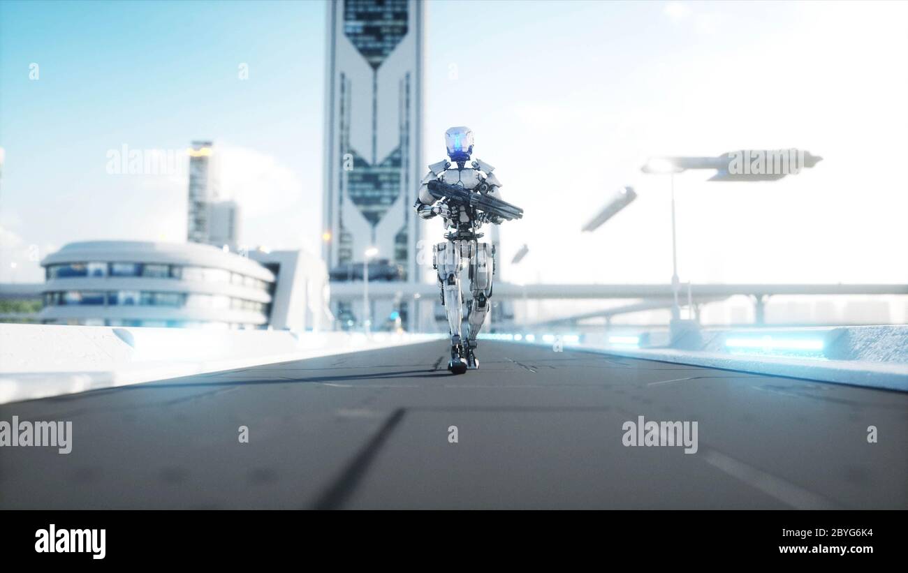 Military robot with gun walking. Futuristic city, town. 3d rendering ...