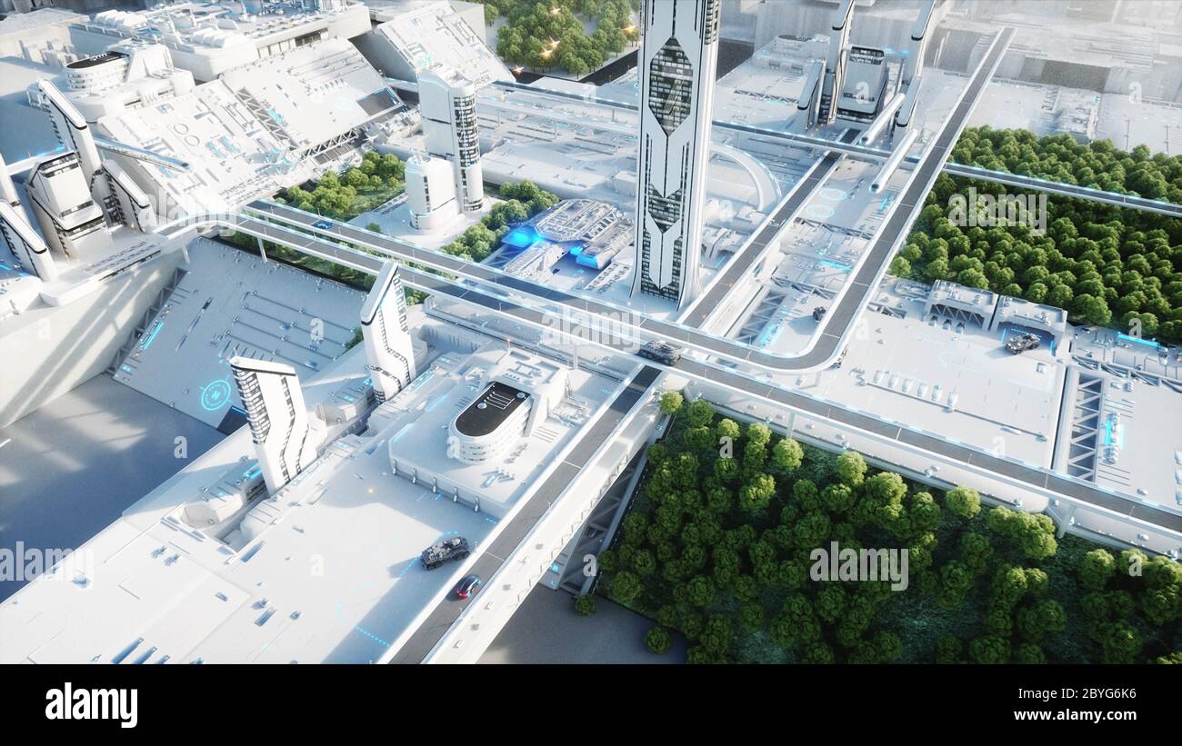 Futuristic city, town. The concept of the future. Aerial view. 3d ...