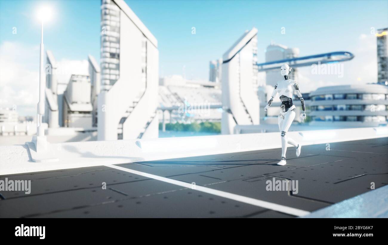 Female robot walking. Futuristic city, town. People and robots. 3d ...