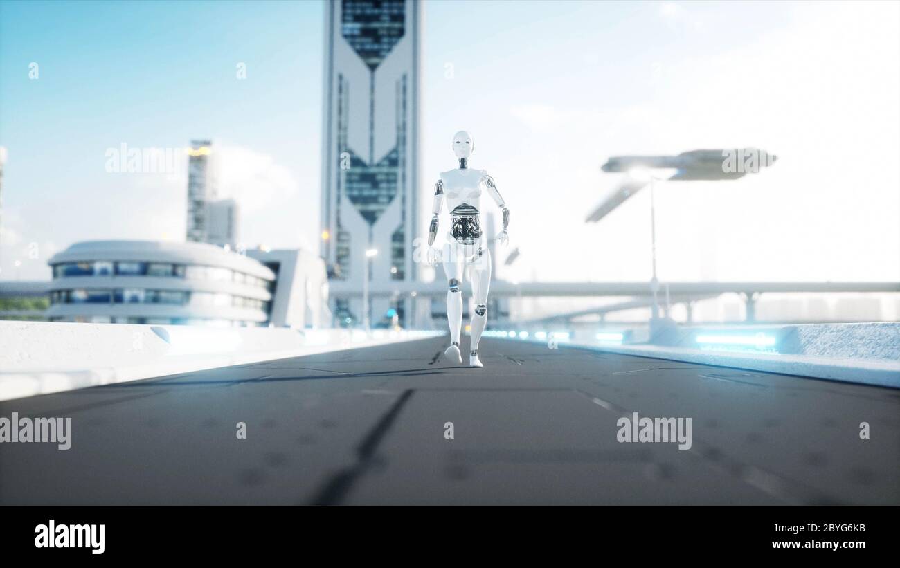 Female robot walking. Futuristic city, town. People and robots. 3d ...