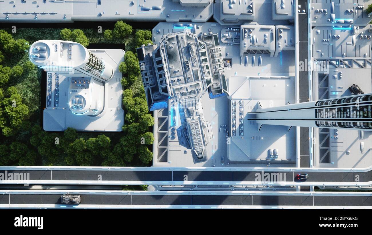 Futuristic city, town. The concept of the future. Aerial view. 3d ...