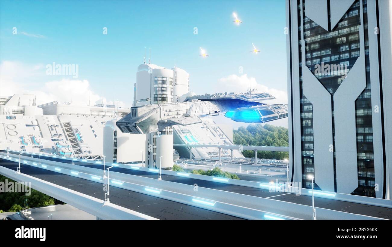 Futuristic city, town. The concept of the future. Aerial view. 3d ...