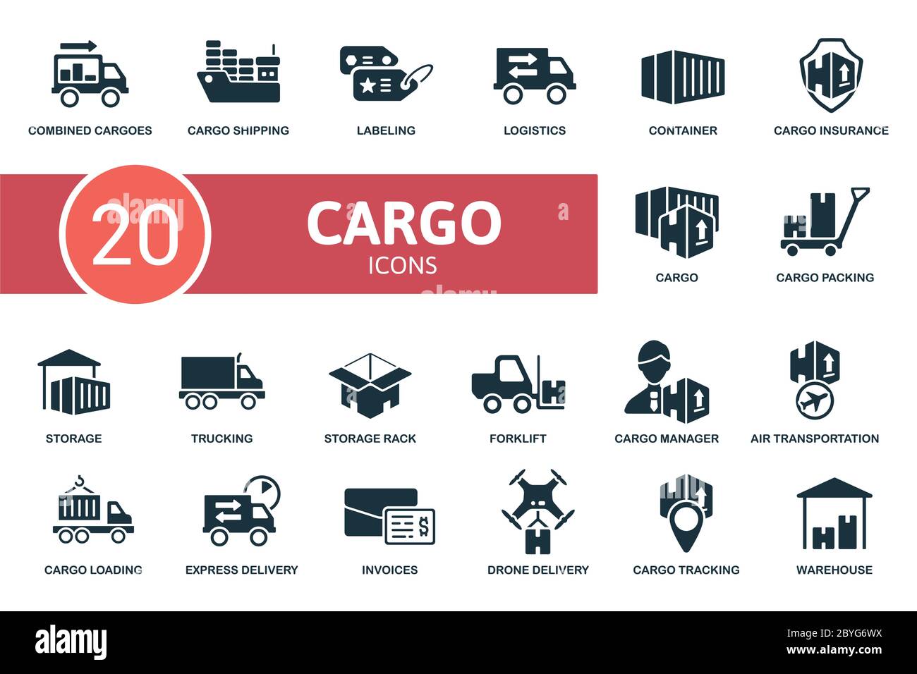 Cargo icon set. Collection contain labeling, combined cargoes, trucking ...