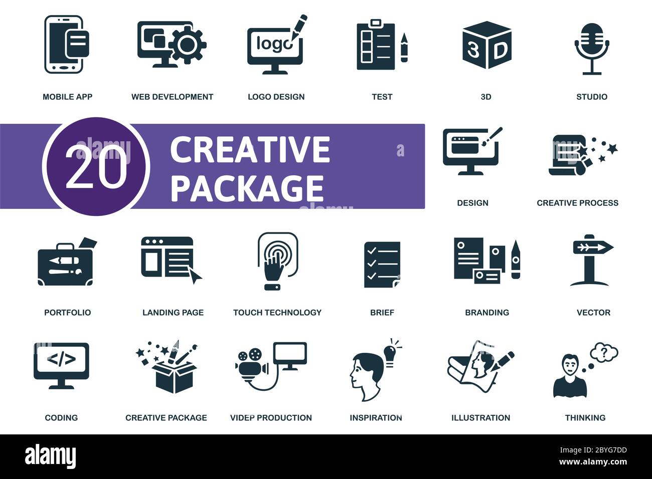 Creative Package icon set. Collection contain brief, inspiration, test ...