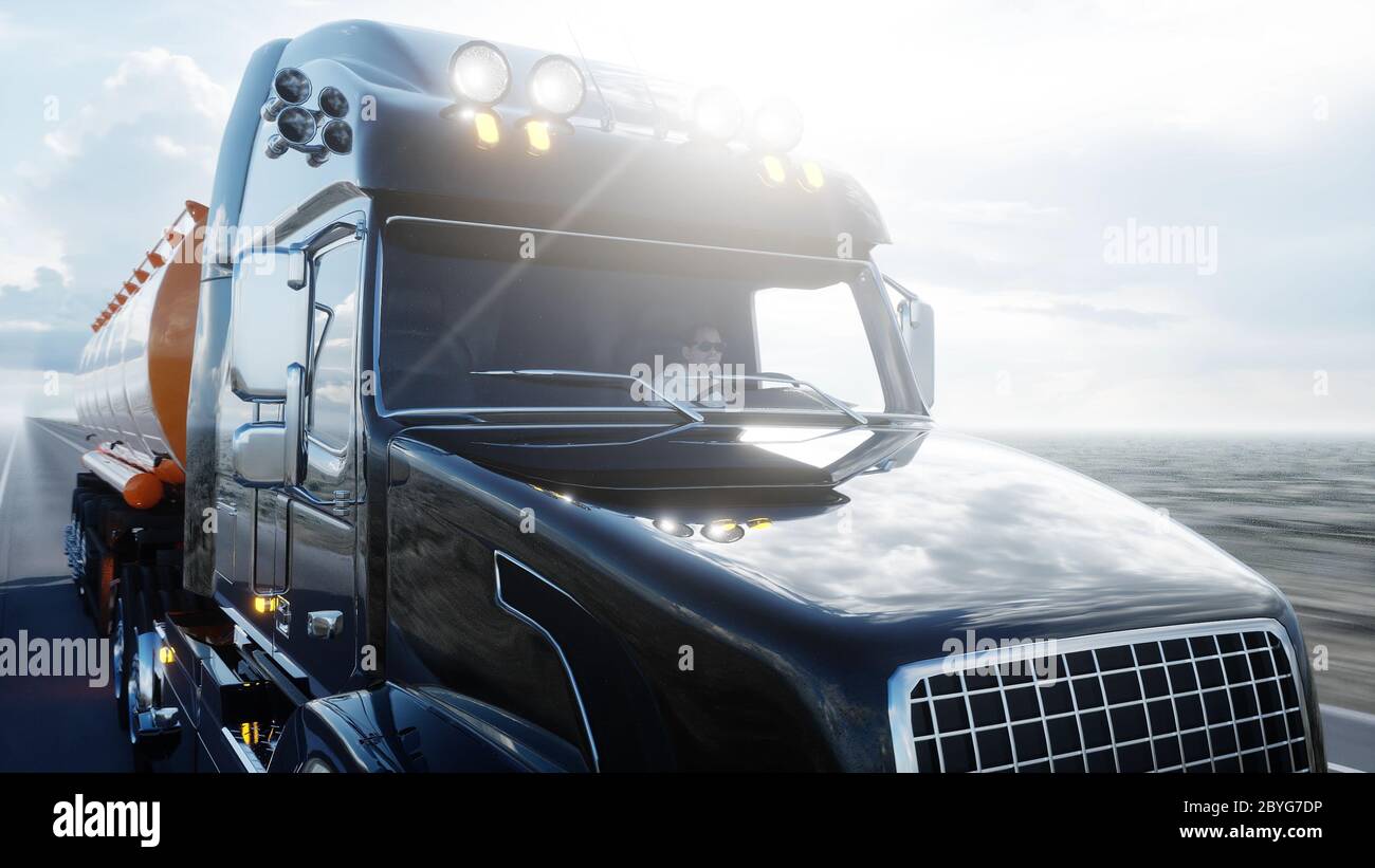 Gasoline tanker, Oil trailer, truck on highway. Very fast driving. 3d ...
