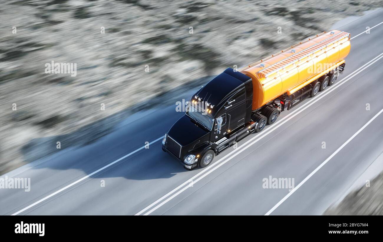 Gasoline tanker, Oil trailer, truck on highway. Very fast driving. 3d ...