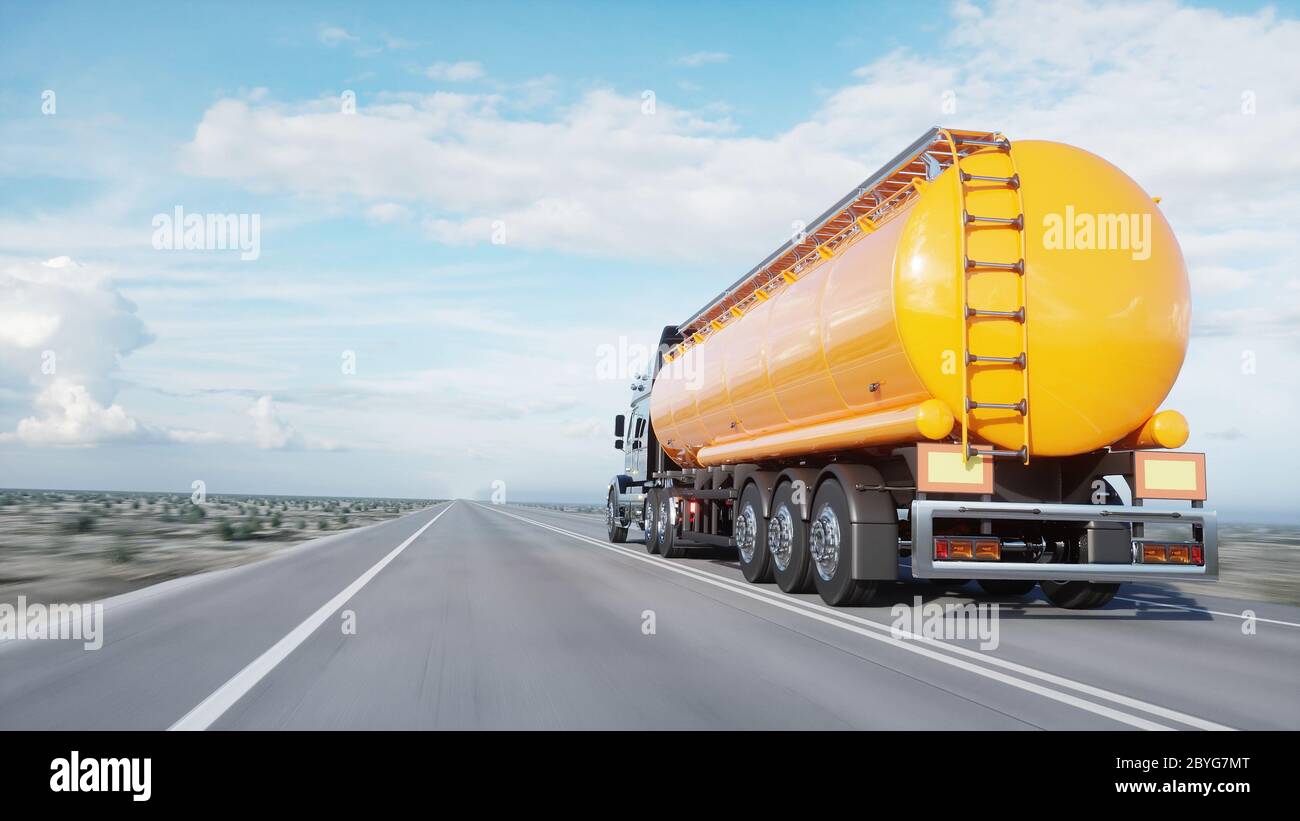 Gasoline tanker, Oil trailer, truck on highway. Very fast driving. 3d ...