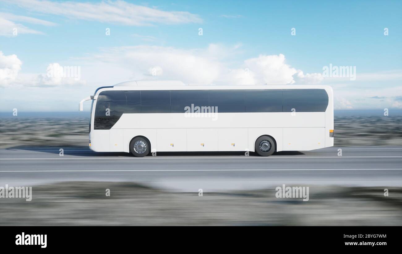 tourist white bus on the road, highway. Very fast driving. Touristic ...