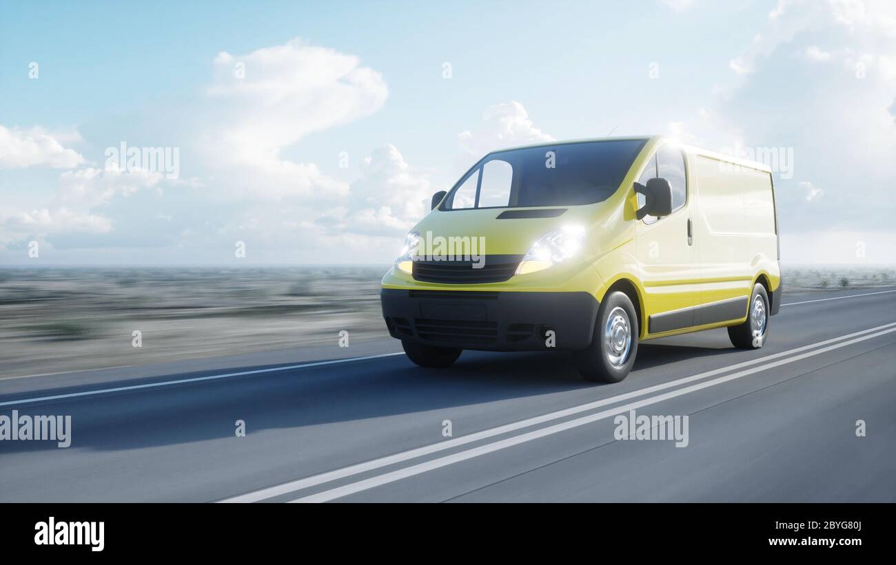 Yellow delivery van on highway. Very fast driving. Transport and ...