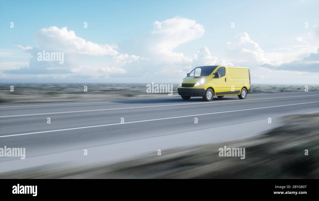 Yellow delivery van on highway. Very fast driving. Transport and ...