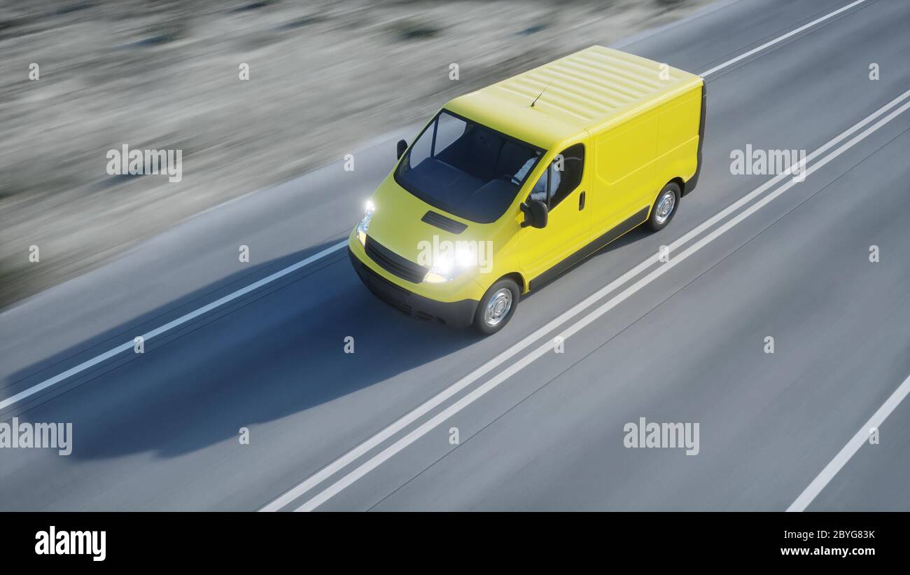 Yellow delivery van on highway. Very fast driving. Transport and ...