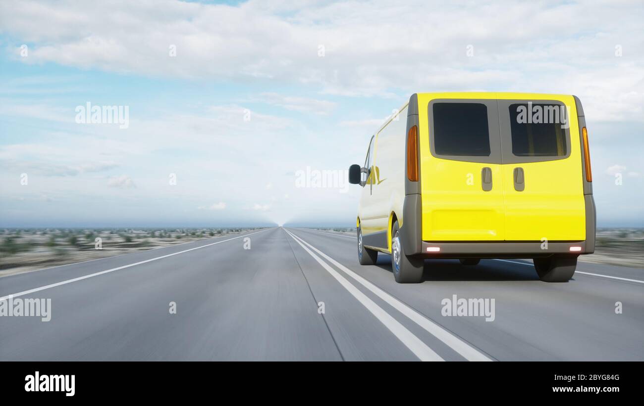Yellow delivery van on highway. Very fast driving. Transport and ...