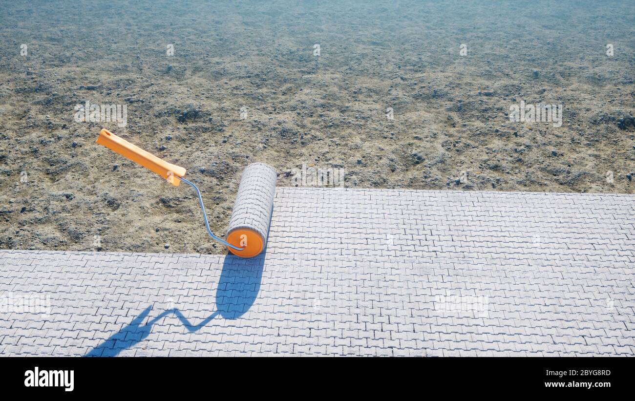A roll of paving slab. Brush of paving slab. Building concept. 3d ...