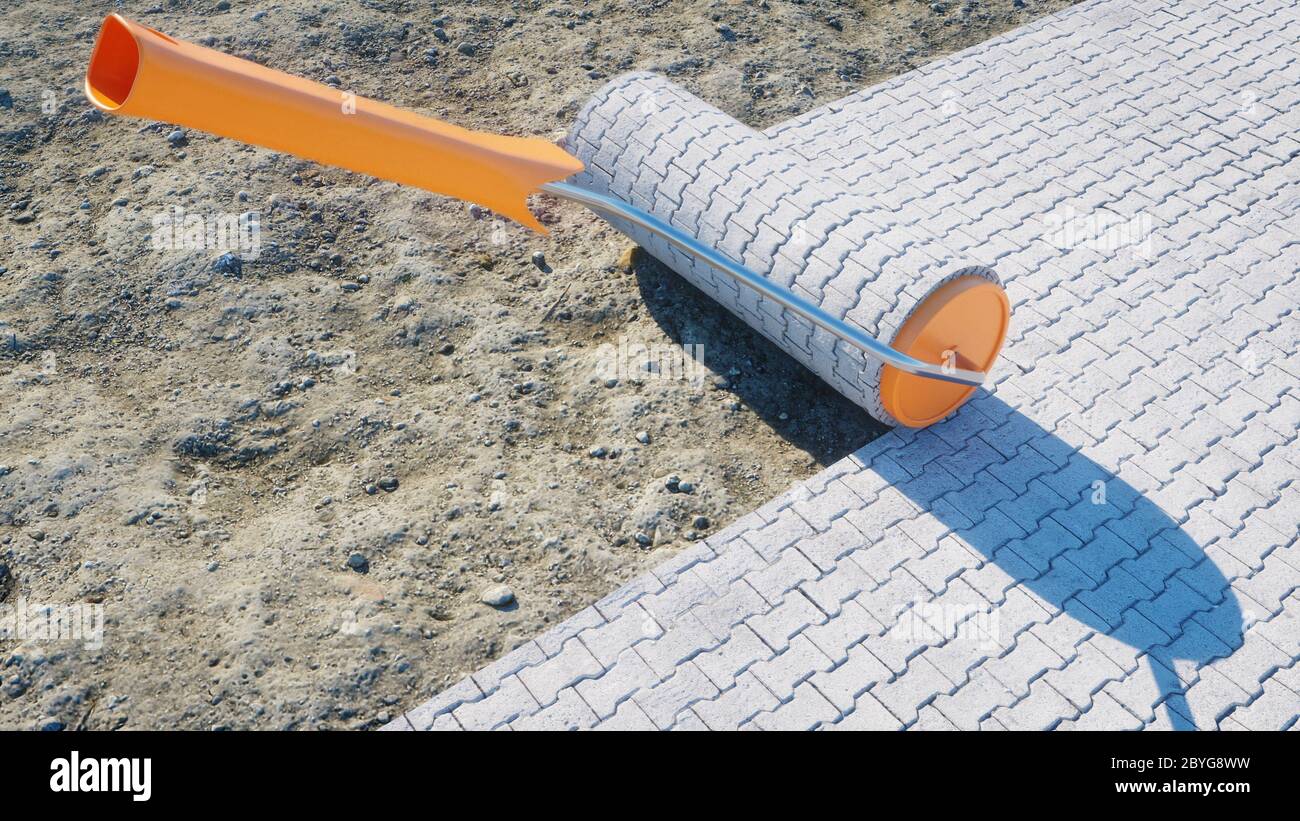A roll of paving slab. Brush of paving slab. Building concept. 3d ...