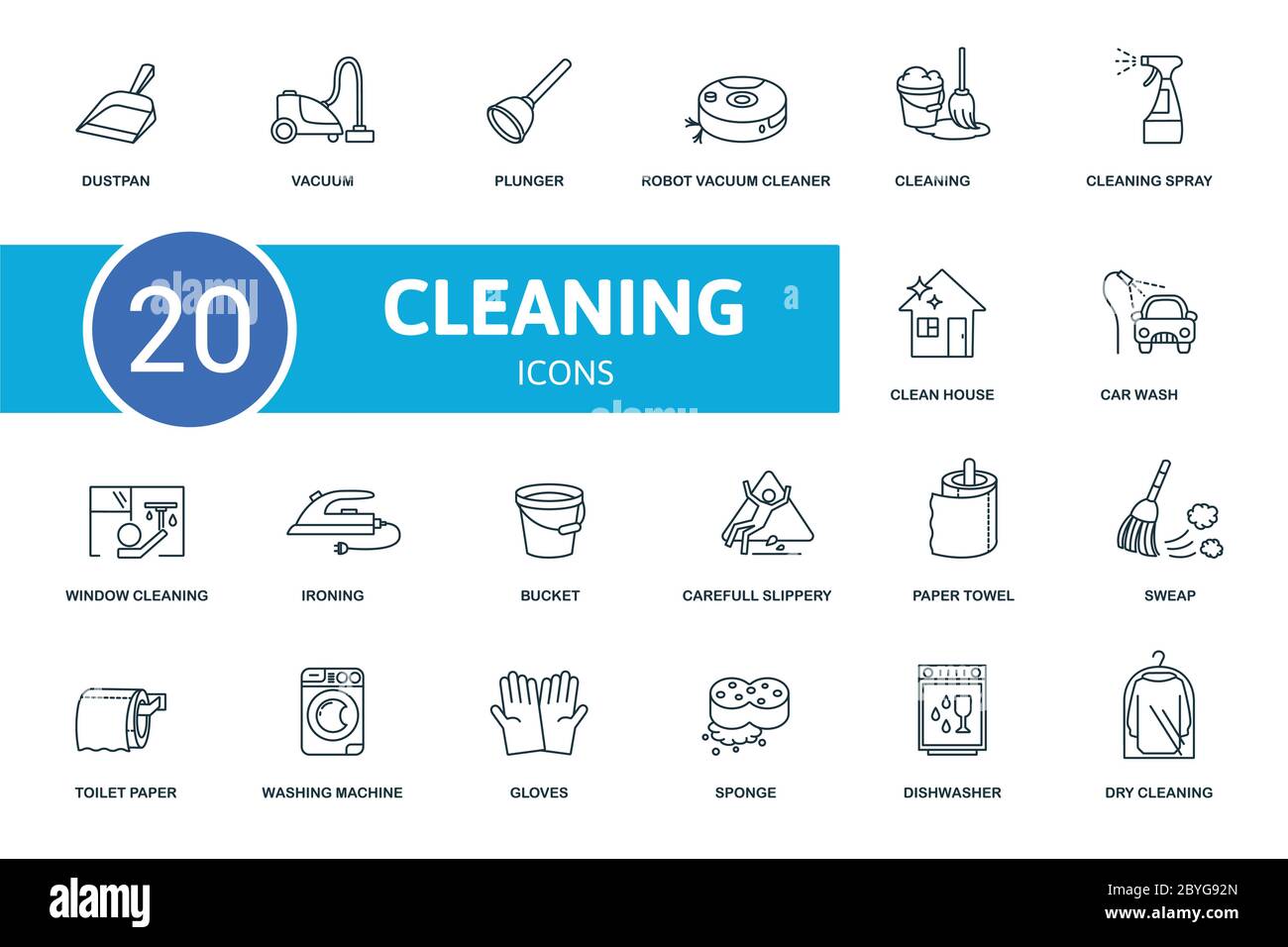 Cleaning icon set. Collection contain cleaning, vacuum, plunger, bucket ...