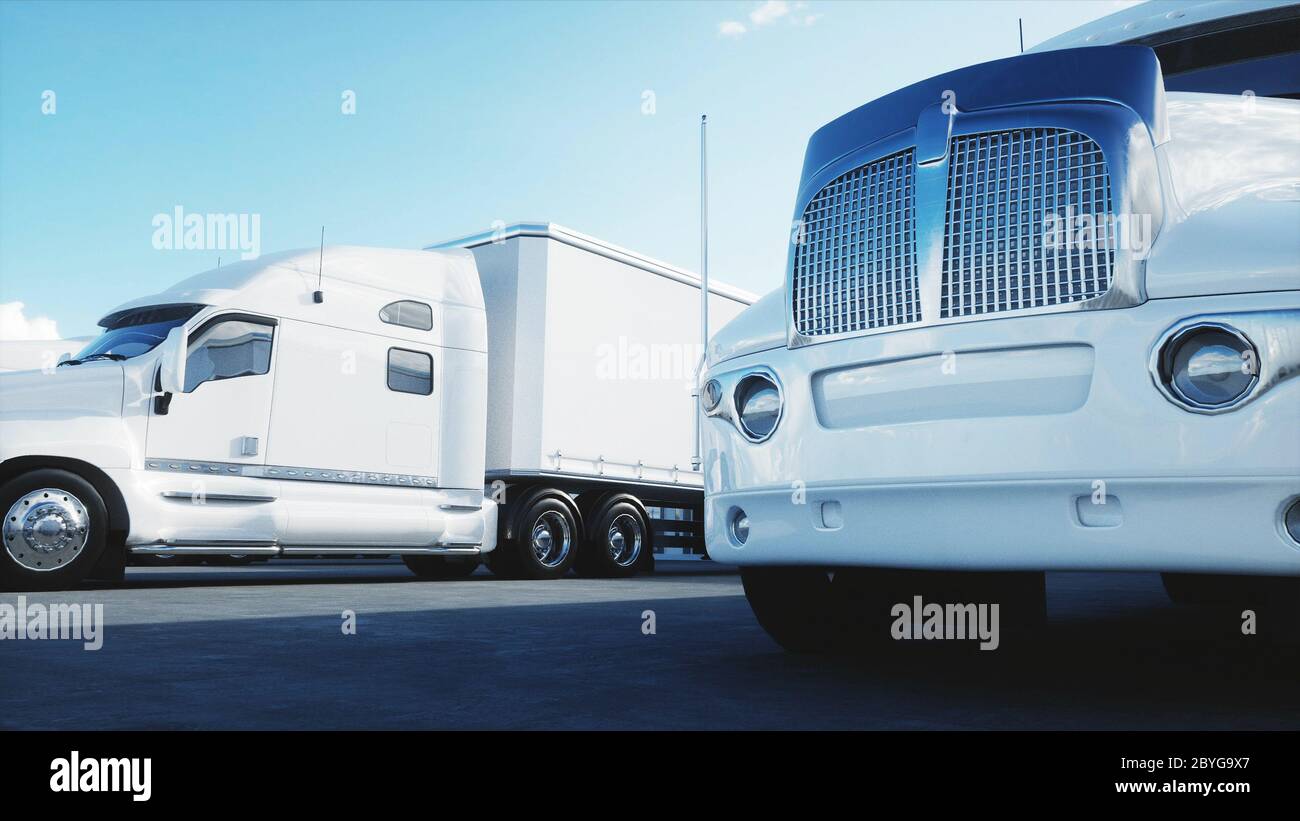 Logistics center with white 3d model of trucks. Logistic, transport and ...