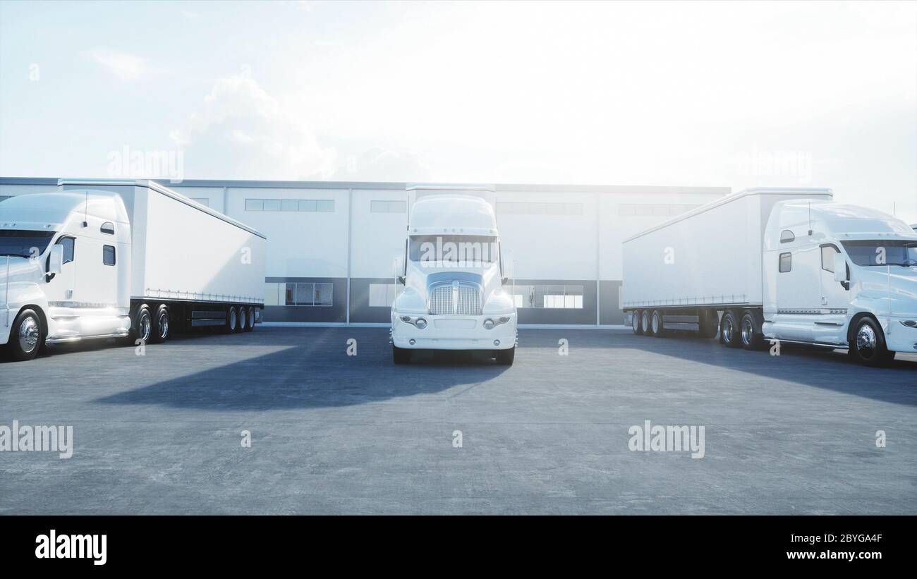 Logistics center with white 3d model of trucks. Logistic, transport and ...