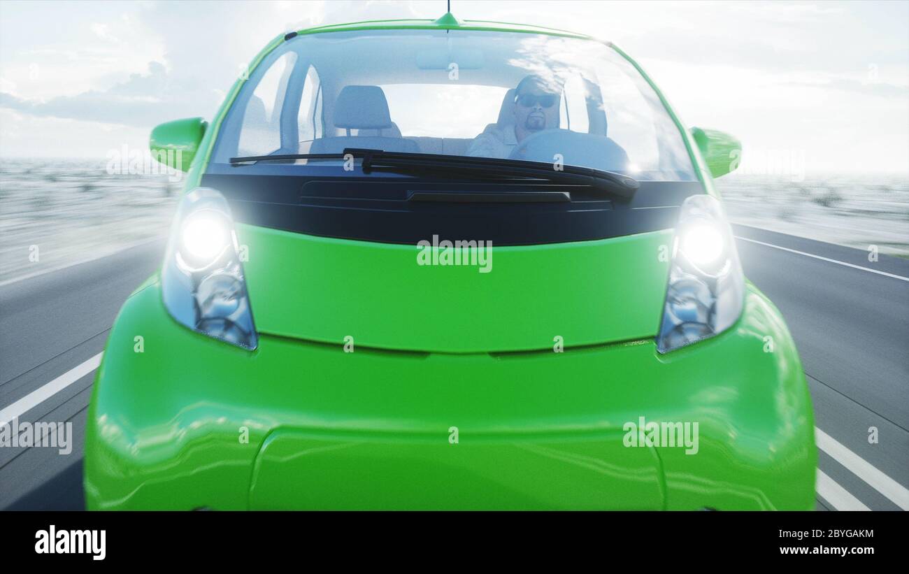 3d model of electric green car with 3d model of man. Render. Ecology ...